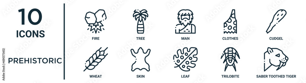 prehistoric linear icon set. includes thin line tree, man, cudgel, skin ...