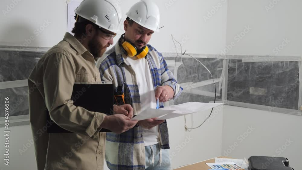 The foreman at the construction site points the worker to the drawing ...
