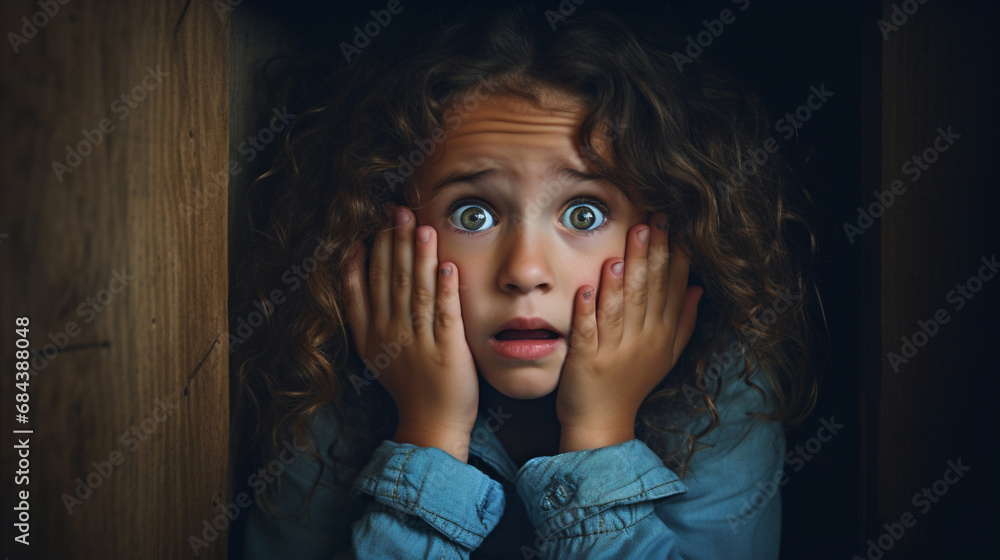 Foto Stock Un enfant terrifié montre une terreur intense : yeux ...