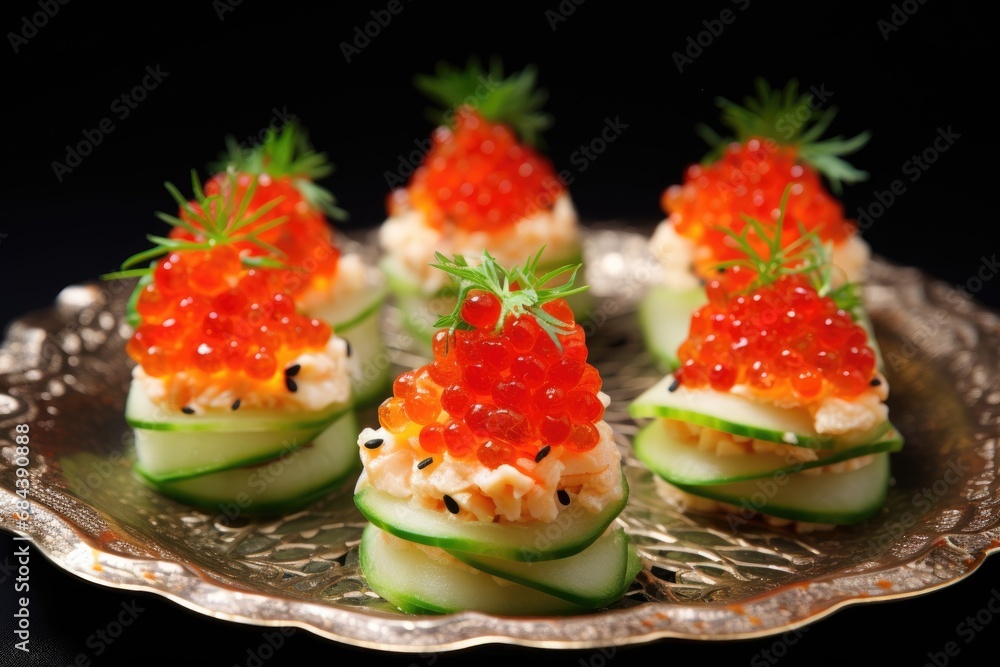 Canapés with red caviar and dill on a cucumber base, on a silver ...