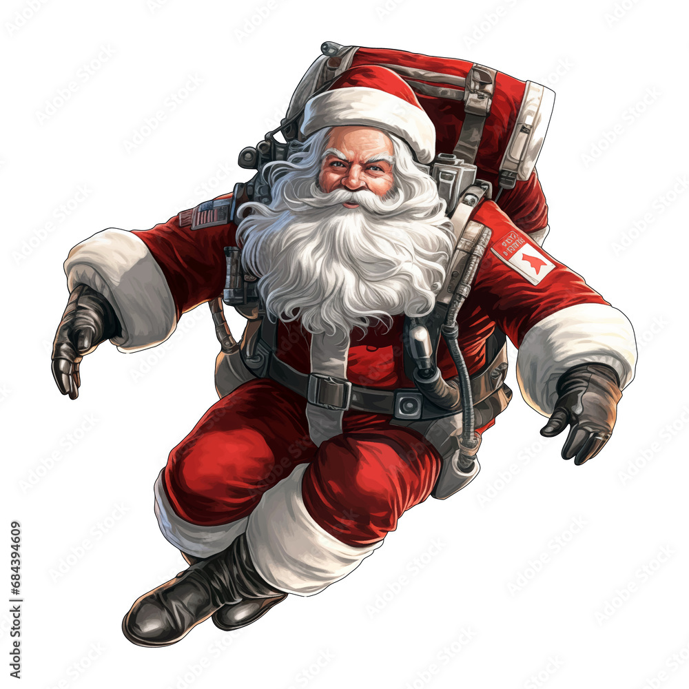 Flying spaceman Santa Claus. Santa Claus in a space suit in outer space ...