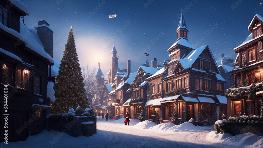 Stunning vector illustration of a Christmas town city. Old town street ...