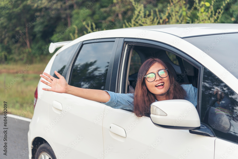 Happy asian women drive new car. Women Hand give remote control car key ...