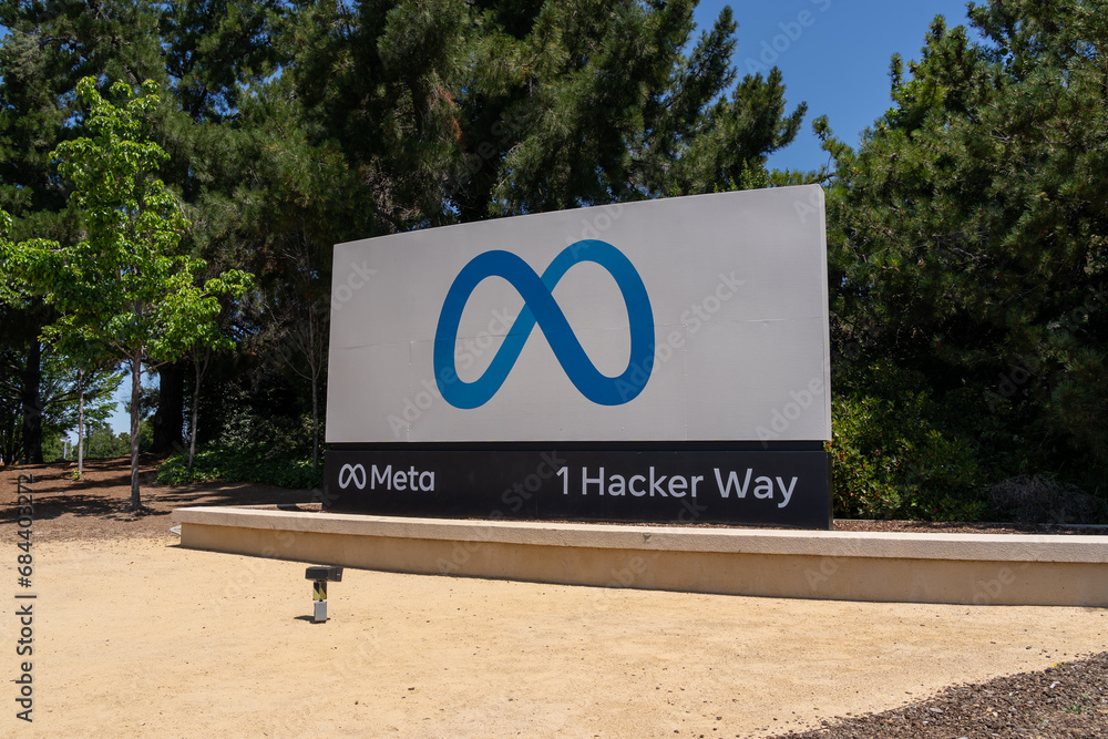 Meta logo is seen outside the Meta Platform Inc.'s headquarters campus ...