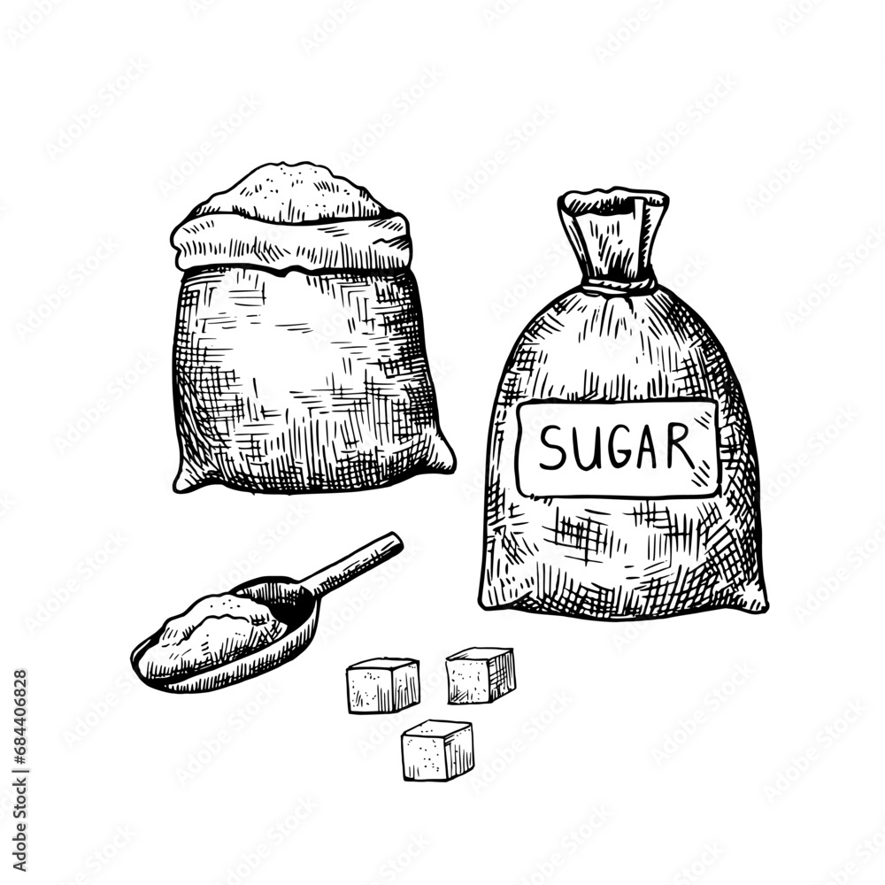 Sacks with flour or sugar, cubes of sugar lump and scoop. Hand drawn ...