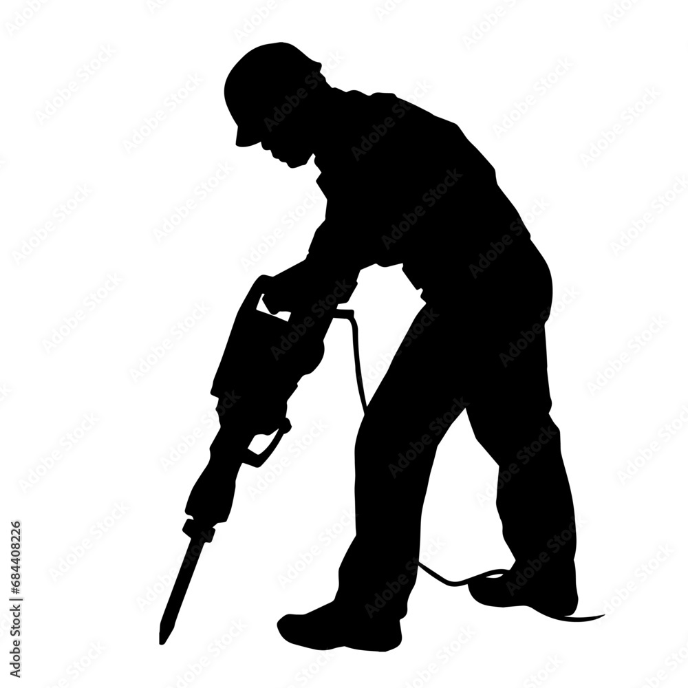 Silhouette of a worker in action pose holding drilling machine ...