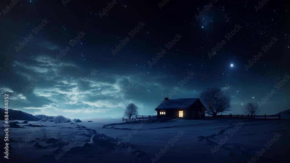 Vidéo Stock Dark night sky filled with stars over a frosted countryside ...