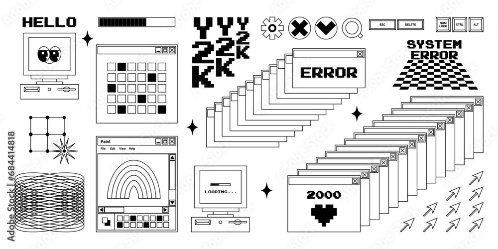 User Interface y2k stickers. Retro icon browser, buttons, screen ...