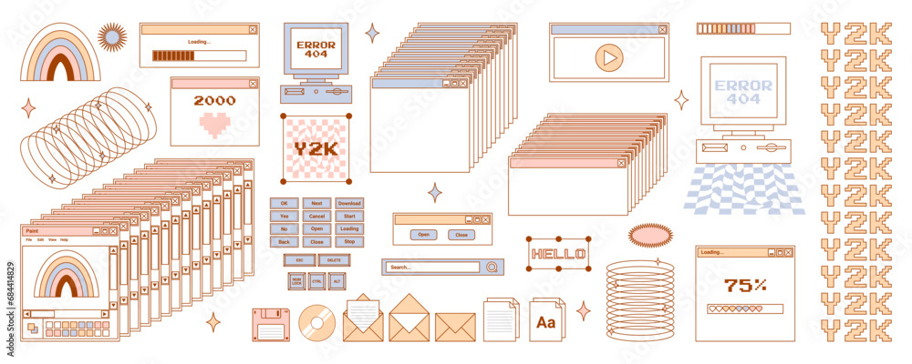 User Interface y2k stickers. Retro icon browser, buttons, screen ...
