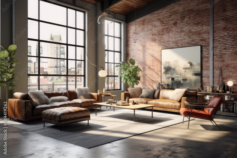 Mid-century modern loft with exposed beams, large windows, and open ...