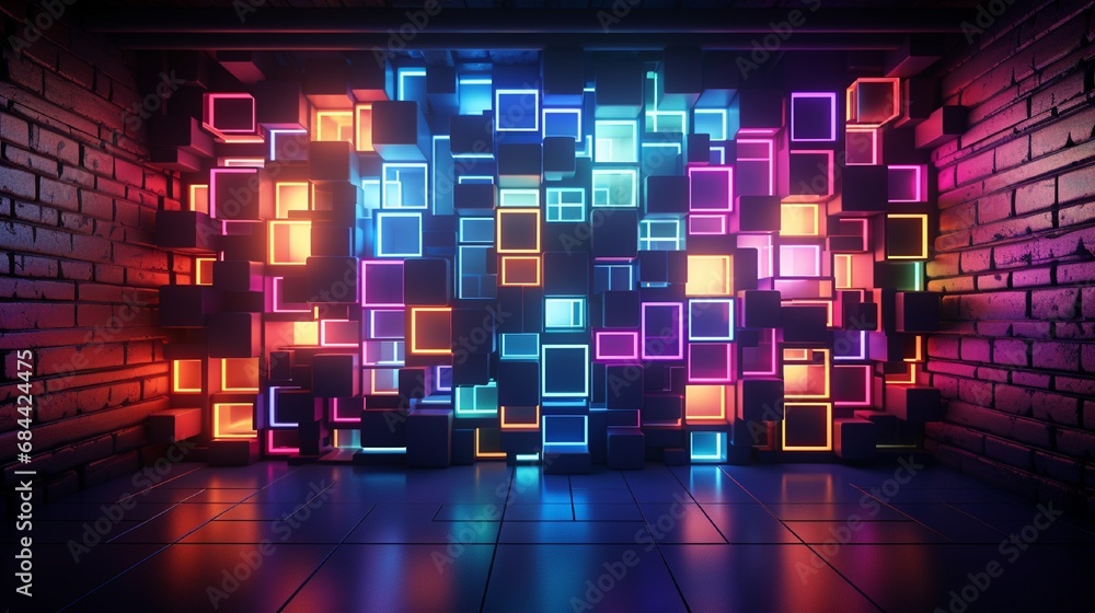 A retro-futuristic 3D wall mural showcasing vibrant neon grids and ...