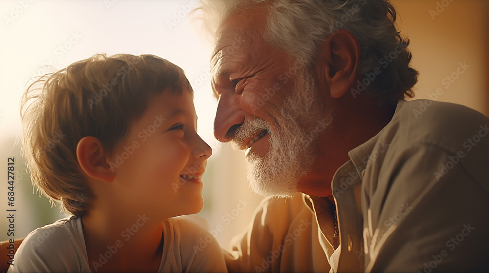 Image of grandfather and grandson talking happily in the living room ...