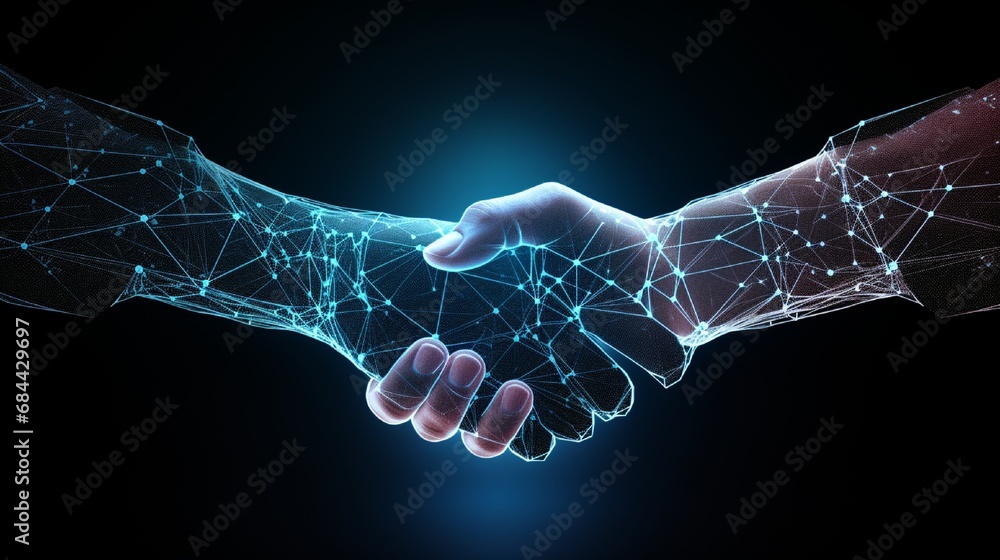 Abstract wireframe representations of sleek handshake symbols against a ...