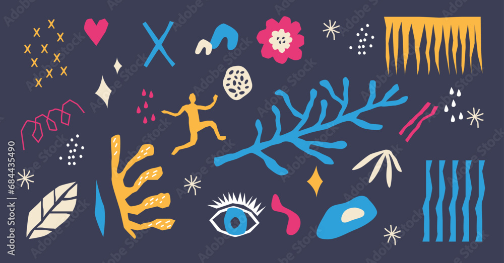 Abstract shapes and hand drawn nature art objects on dark background ...