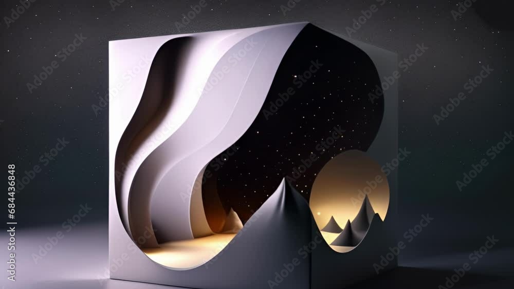 Form of a glimmering stream in the night sky. Podium, empty showcase ...