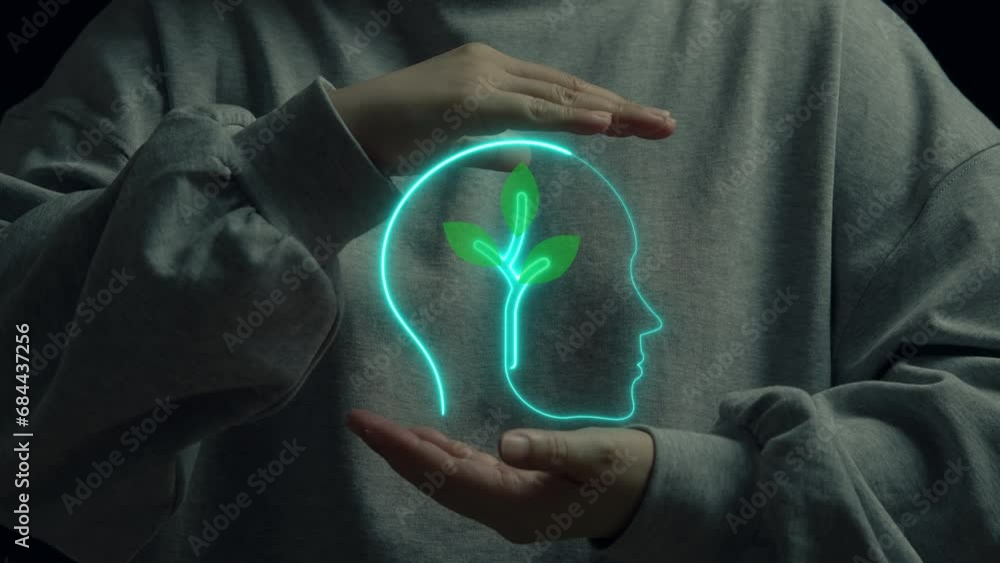 Neon growing tree icon in illustration human head that holding between ...