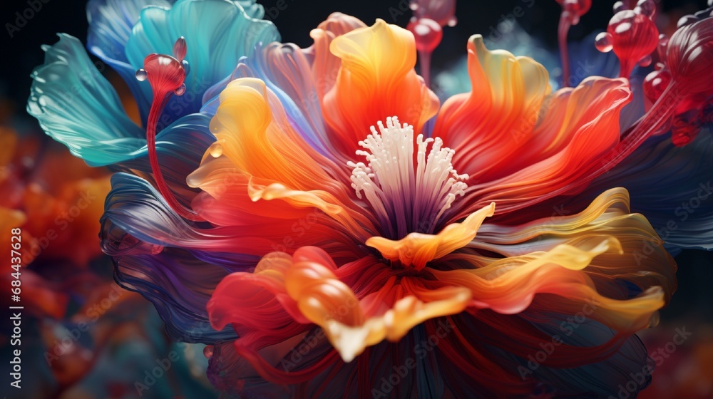 Blooms of surreal, digitized 3D abstract flowers pulsating rhythmically ...