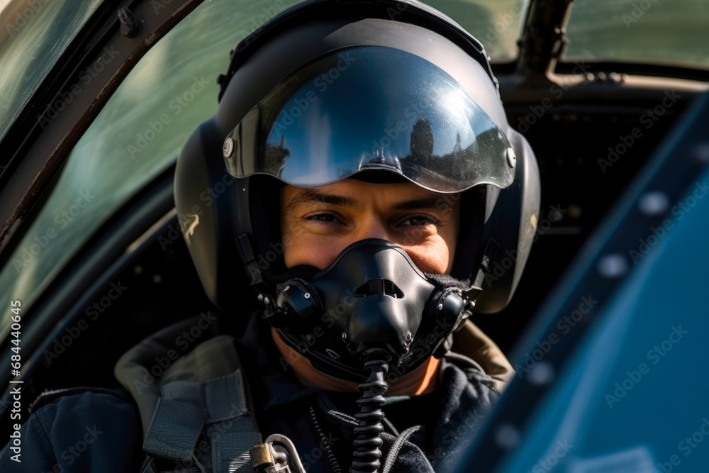 Military pilot in flight. Pilot Wearing Mask And Helmet in Cockpit of ...