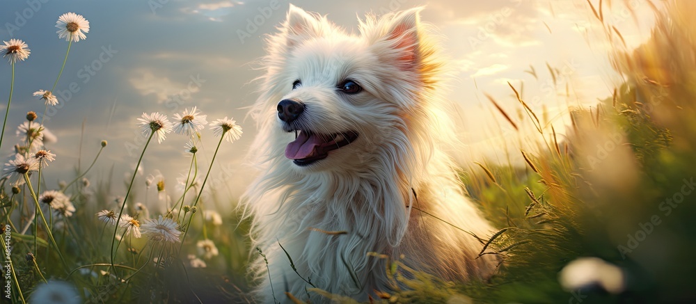 In the abstract summer landscape, a dog blends with nature, bounding ...