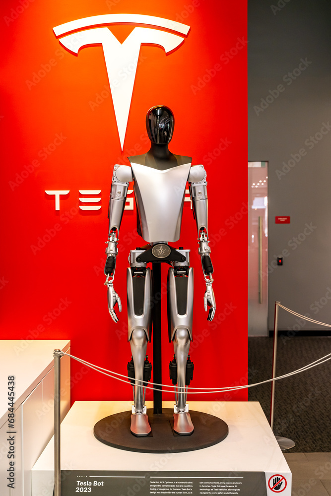 A new Tesla Optimus bot robot on display at the Tesla showroom at ...