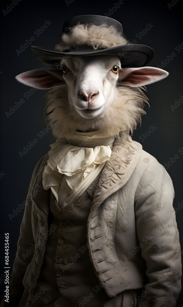 portrait of sheep dressed in Victorian era clothes, confident vintage ...