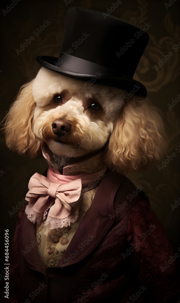 portrait of poodle dressed in Victorian era clothes, confident vintage ...