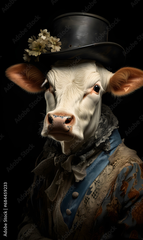 portrait of cow dressed in Victorian era clothes, confident vintage ...
