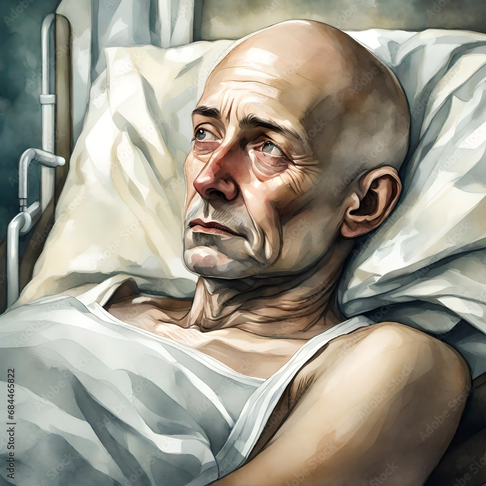 A handsome young bald skinny man suffering with cancer, sadness in his ...