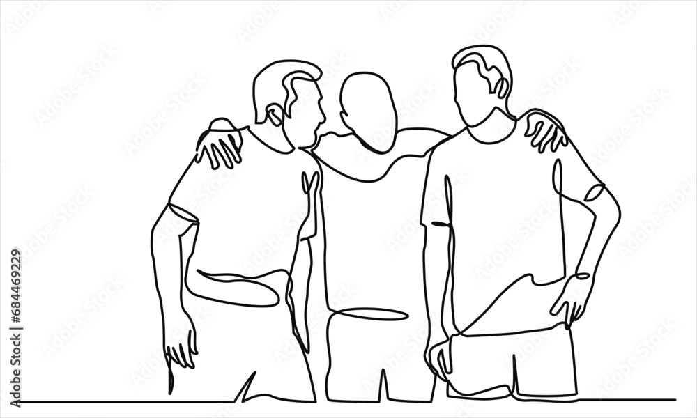 continuous line drawing of three old guy friends hugging each other ...