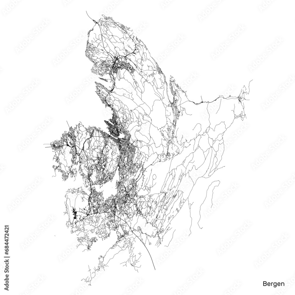 Bergen city map with roads and streets, Norway. Vector outline ...