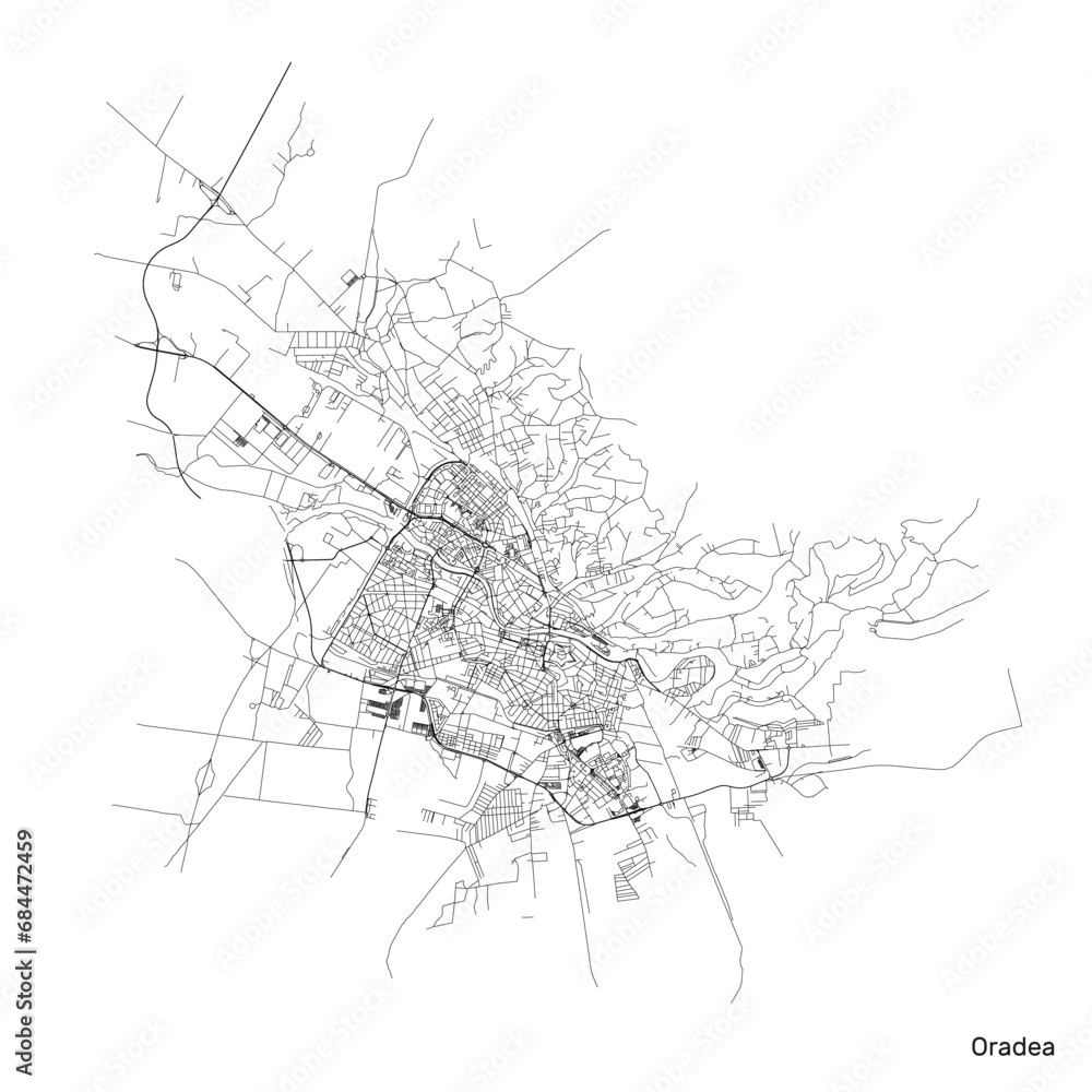 Oradea city map with roads and streets, Romania. Vector outline ...