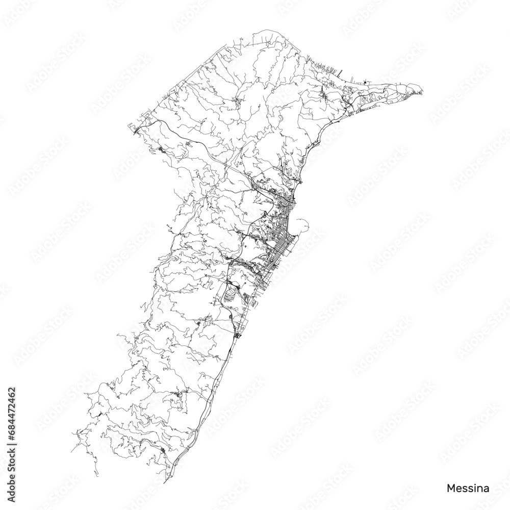 Messina city map with roads and streets, Italy. Vector outline ...