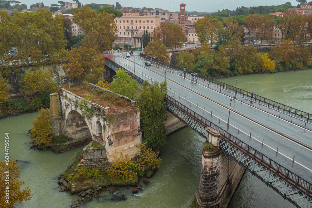 Aerial drone view of ponte emilio or ponte rotto, oldest bridge in the ...