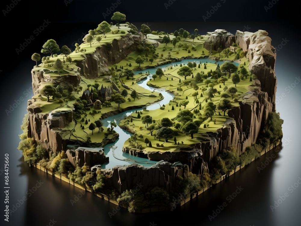 Architectural model of a villages in a forest, 3D realistic, game map ...