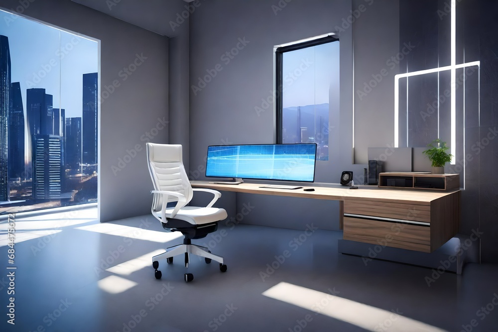 High-tech modern office with a futuristic white office chair, a ...