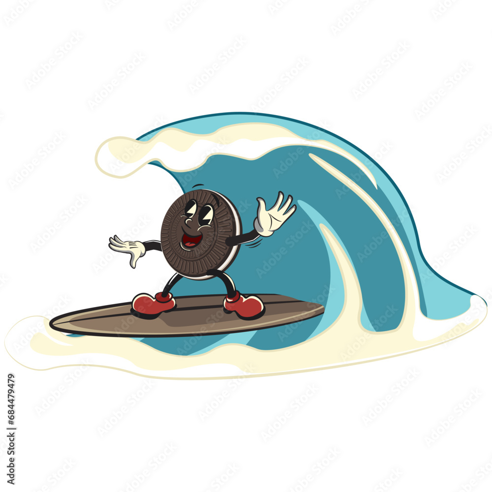 mascot, character, vintage cute sweet cream sandwich biscuit surfing ...