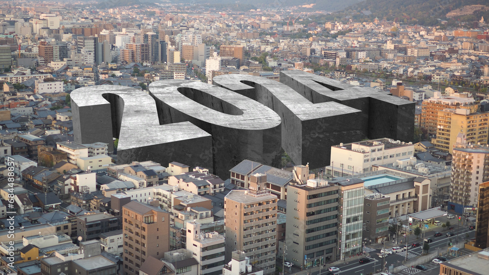 Welcome to the new year 2024. The huge 2024 structure towers over the ...