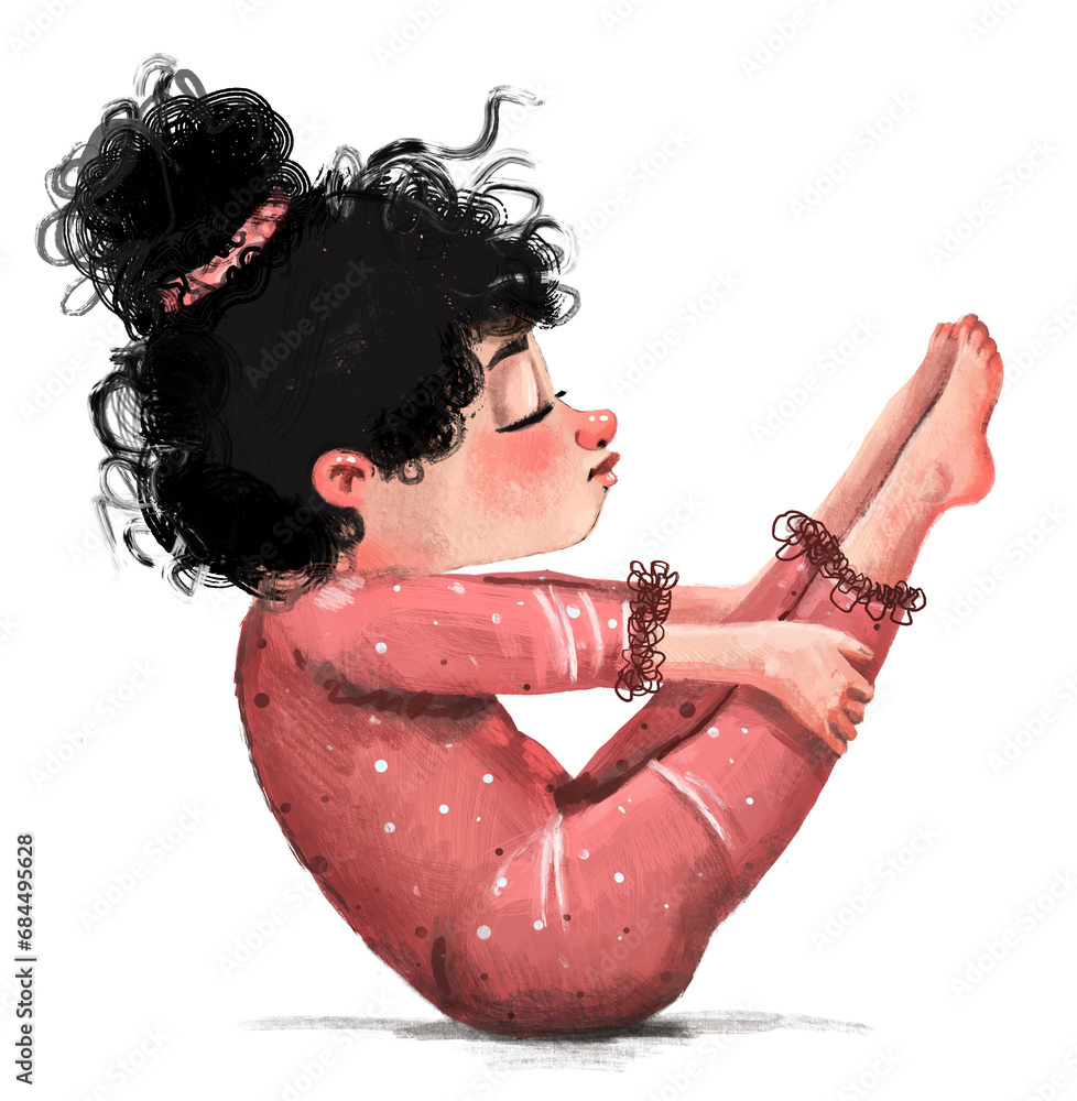 Zen girl yoga practice meditation asana pose hand drawn watercolor cute ...