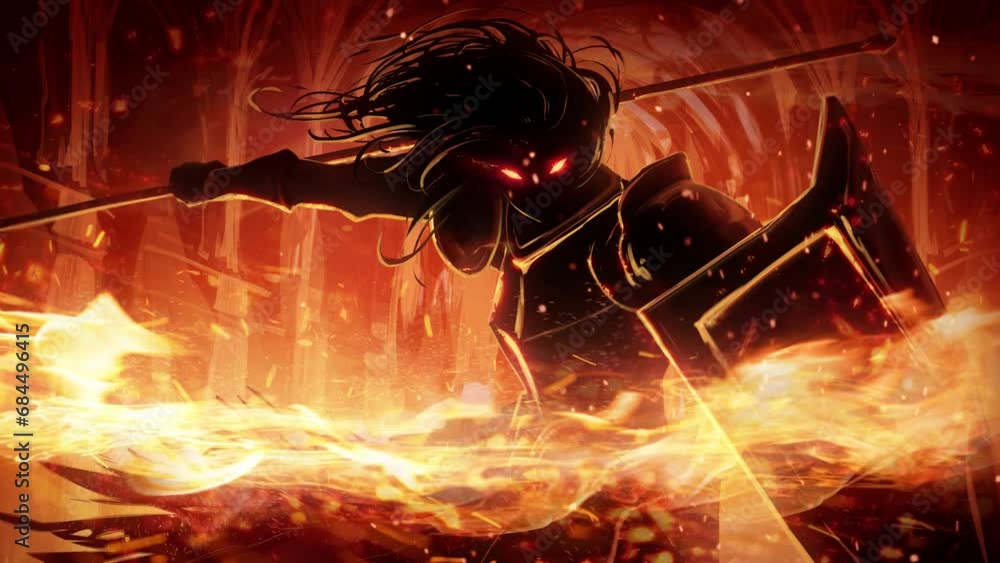 fierce fiery knight with loose hair, large shield and glowing demonic ...