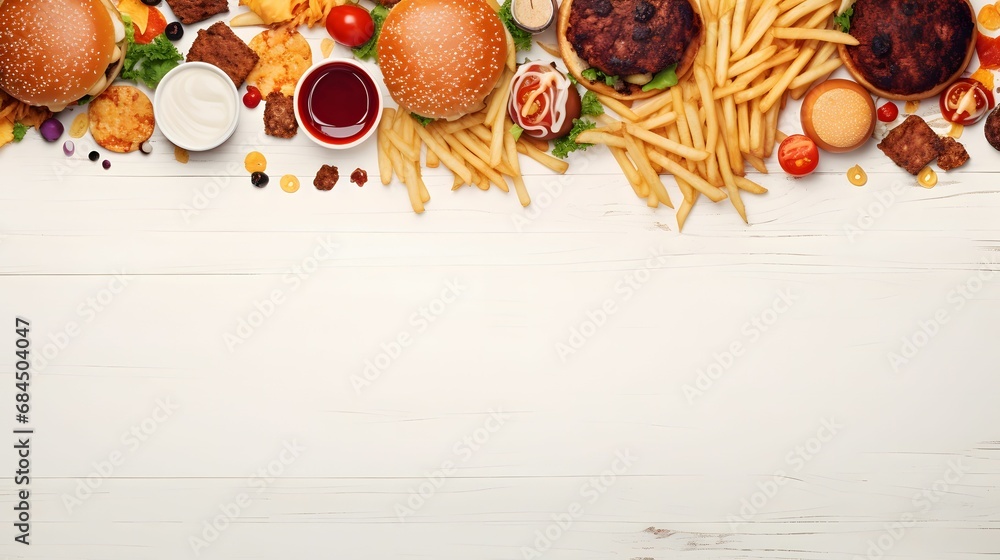 selection of take out and fast foods corner border background. Stock ...