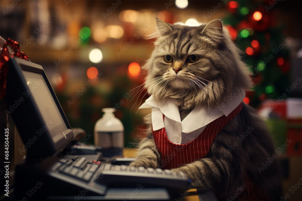 a cat in a white shirt and vest at the cash register in a supermarket ...
