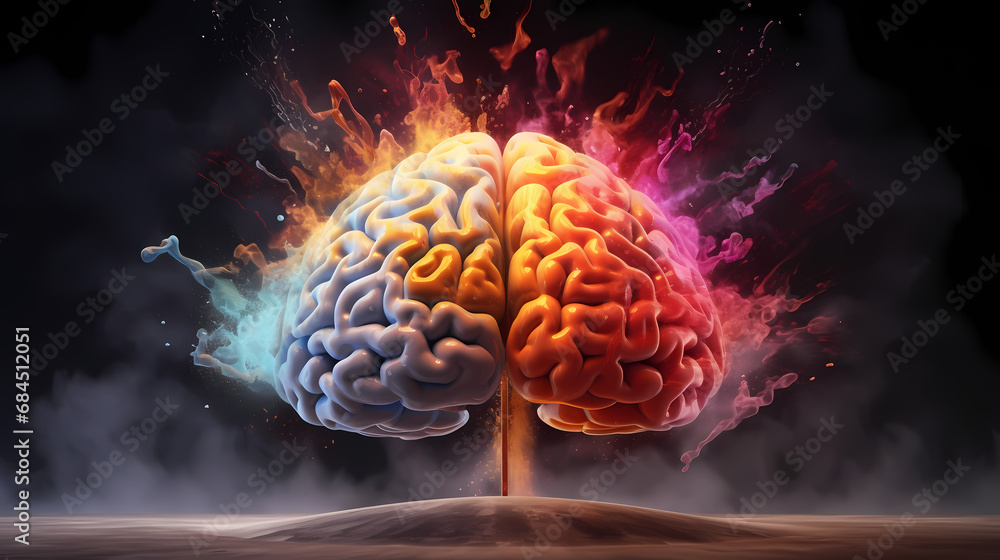 Concept art of a human brain exploding with knowledge and creativity ...