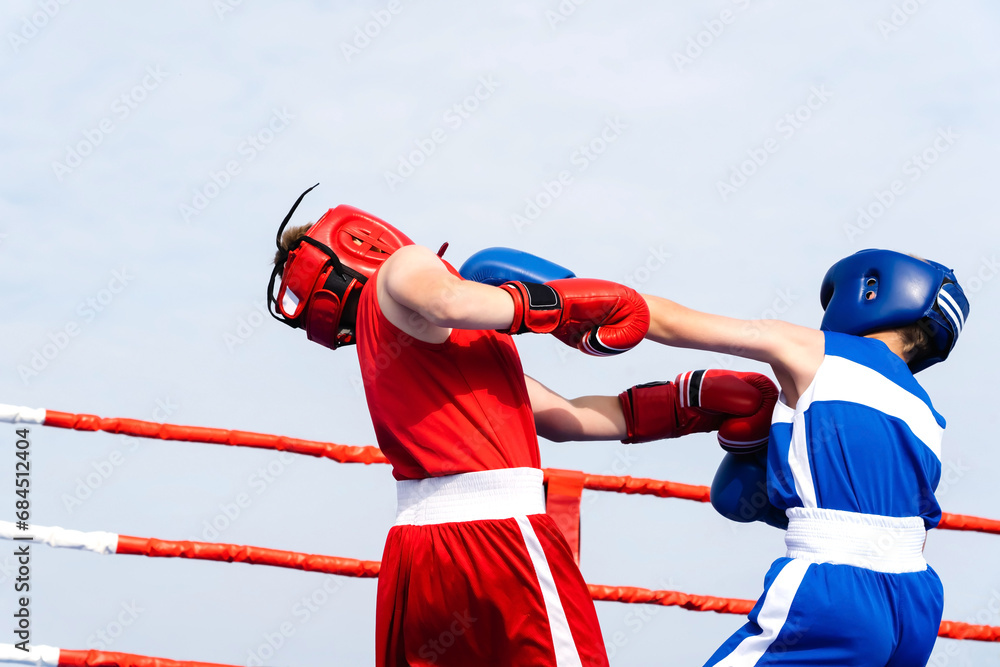Boxing. Teenagers in the ring during sports competitions. Fight of ...