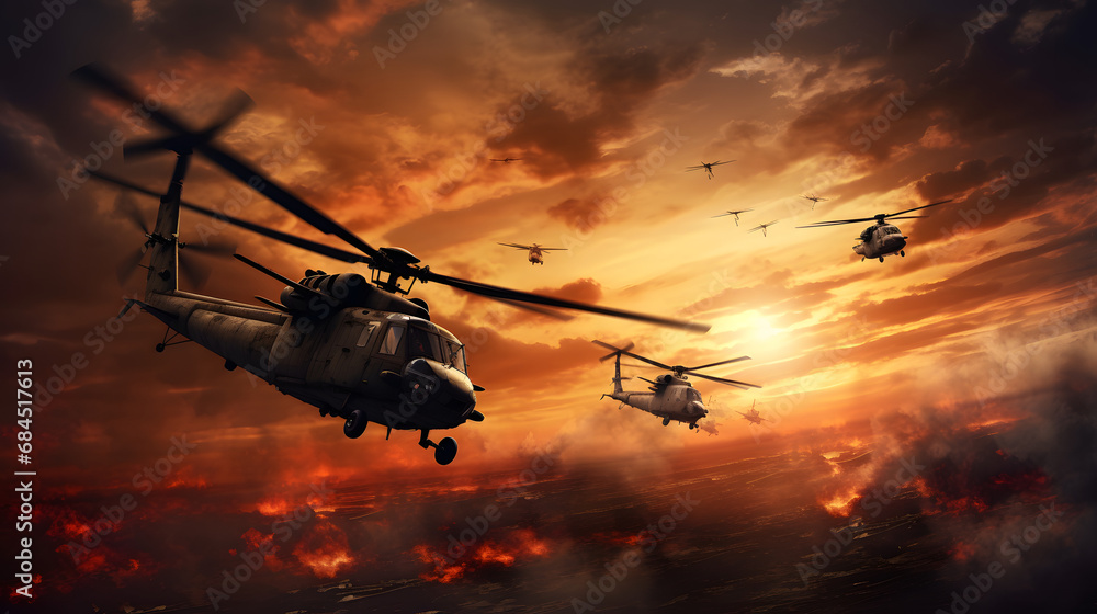 Military helicopters, forces and tanks in plane in war at sunset ...