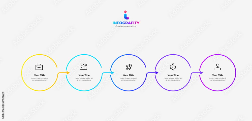 Horizontal progress diagram with five outline elements. Concept of 5 ...