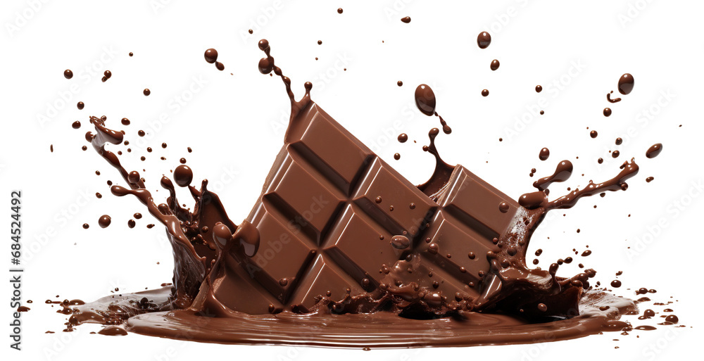 Delicious chocolate bar pieces falling into chocolate splash, cut out ...