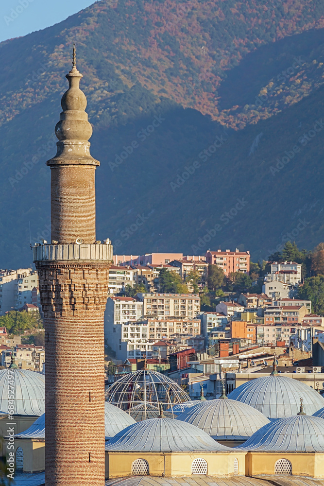 Minaret of Ulu Camii, historical mosque built by Bayezid I between 1396 ...