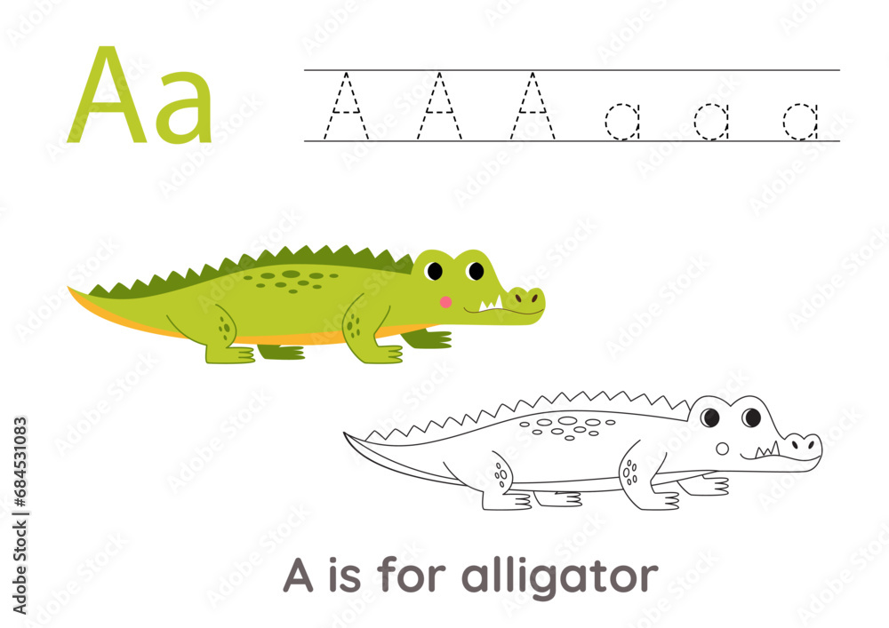 Tracing alphabet letters with cute animals. Color cute green crocodile ...
