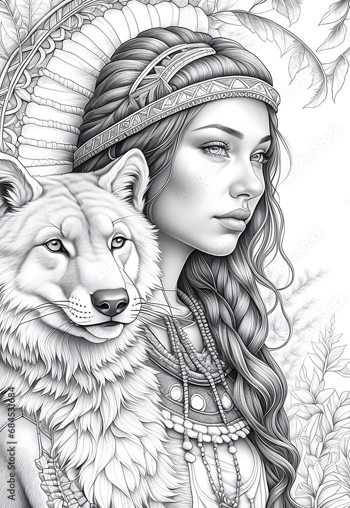 Native American girl culture coloring page featuring traditional attire ...