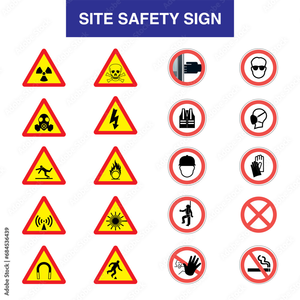 Set of safety equipment and mandatory signs. Construction health and ...